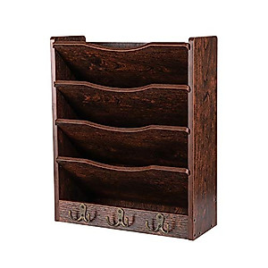 PAG 5-Tier Wall File Holder Hanging Mail Organizer Wood Magazine Literature Rack with 6 Hooks, Brown