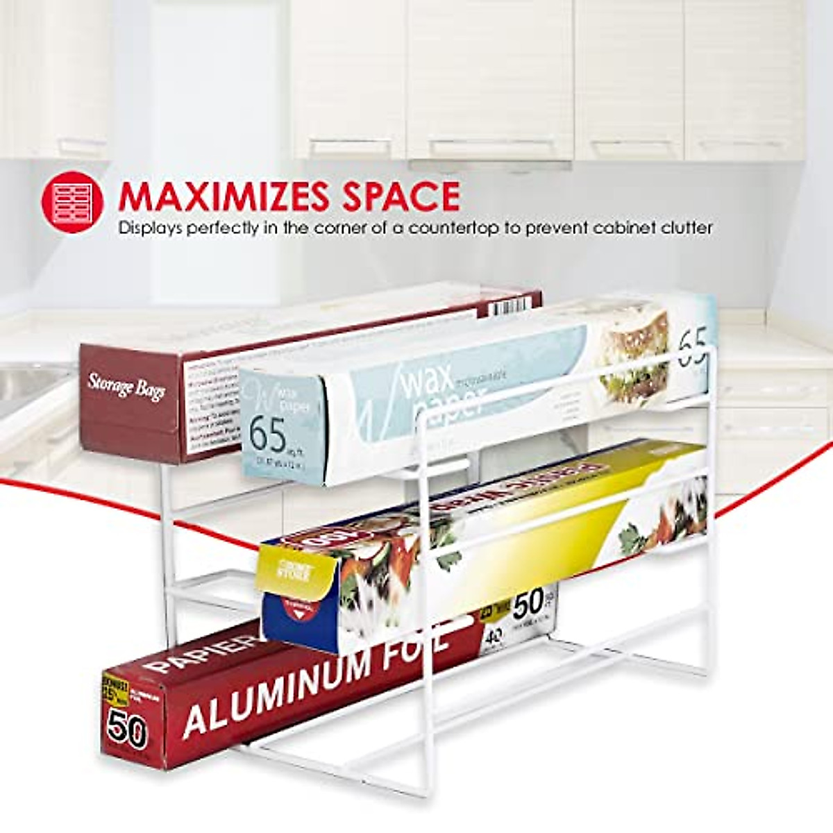 Home Basics 3 Tier Heavy Duty Kitchen Countertop or Cabinet Wrap Organizer for Food Wrap, Foil, Wax Parchment Paper, Plastic Bags White Finish