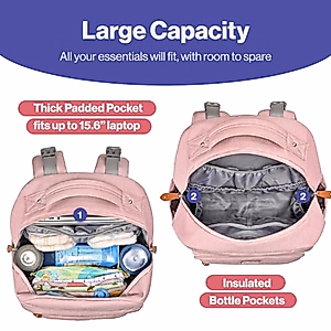 BabbleRoo Diaper Bag Backpack, Travel Backpack with Changing Pad, Pacifier Case & Stroller Straps, Multifunction, Waterproof, Unisex – Pink
