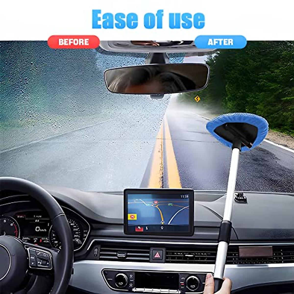 Windshield Cleaning Tool, Car Window Cleaner with Extendable Long Handle and 4 Washable Reusable Microfiber Pads, Auto Interior Exterior Glass Wiper Cleaning Kit Universal for Office and Home (Blue)