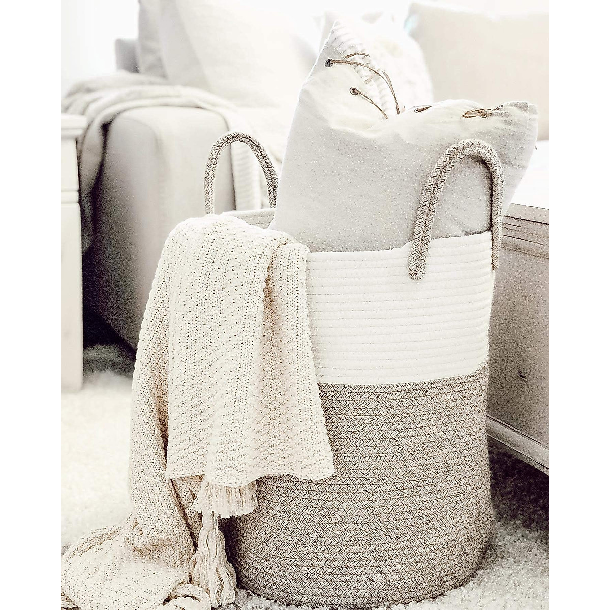 OrganiHaus Brown Toy Basket for Storage 15x18, Baby Laundry Basket, Throw Blanket Basket for Living Room, Large Woven Baskets for Storage, Tall Basket, Towel Basket & Blanket Holder for Bedroom