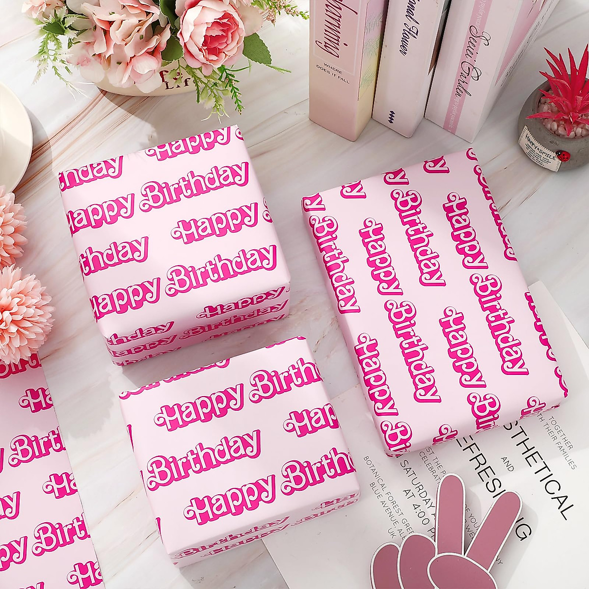 JarThenaAMCS Happy Birthday Wrapping Paper Mini Roll 17in x 32.8Ft Y2K Pink Gift Wrap Paper for Birthday Party Wrapping Supplies