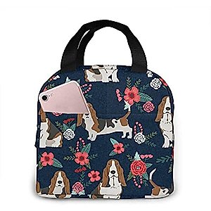 Lunch Bag Basset Hound Floral Dog Dog With Flowers Navy Blue Lunch Box Insulated Bag Tote Bag For Men/Women Work Travel