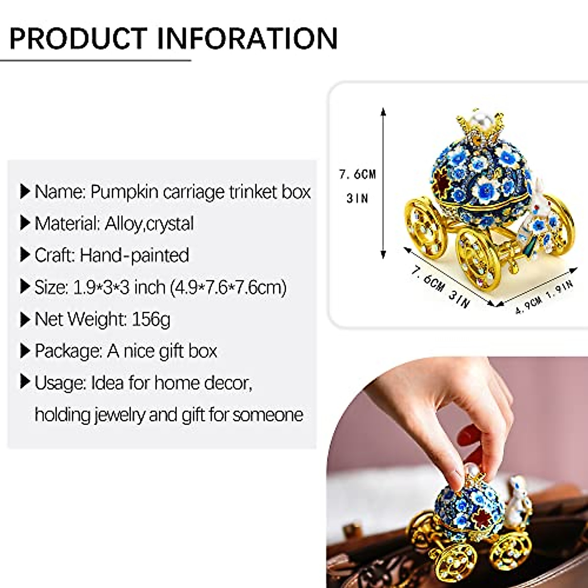 YU FENG 3'' Hand Painted Enamel Pumpkin Carriage Trinket Box With Bunny Flowers Hinged Jewelry Organizer with Crystals Ring Earrings Storage Home Decor Figurine Keepsake Collectible