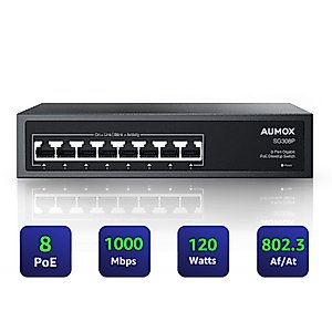 Aumox 8 Port Gigabit PoE Switch, 8 Port PoE 120W, Gigabit Ethernet Unmanaged Network Switch, Plug and Play, Sturdy Metal Housing, Traffic Optimization