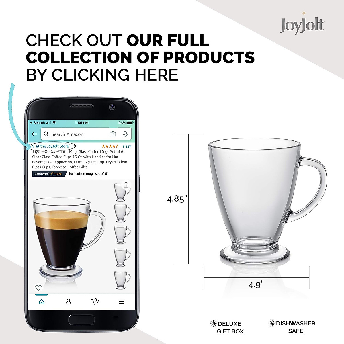JoyJolt Declan Coffee Mug. Glass Coffee Mugs Set of 6. Clear Glass Coffee Cups 16 Oz with Handles for Hot Beverages - Cappuccino, Latte, Big Tea Cup. Crystal Clear Glass Cups, Espresso Coffee Gifts