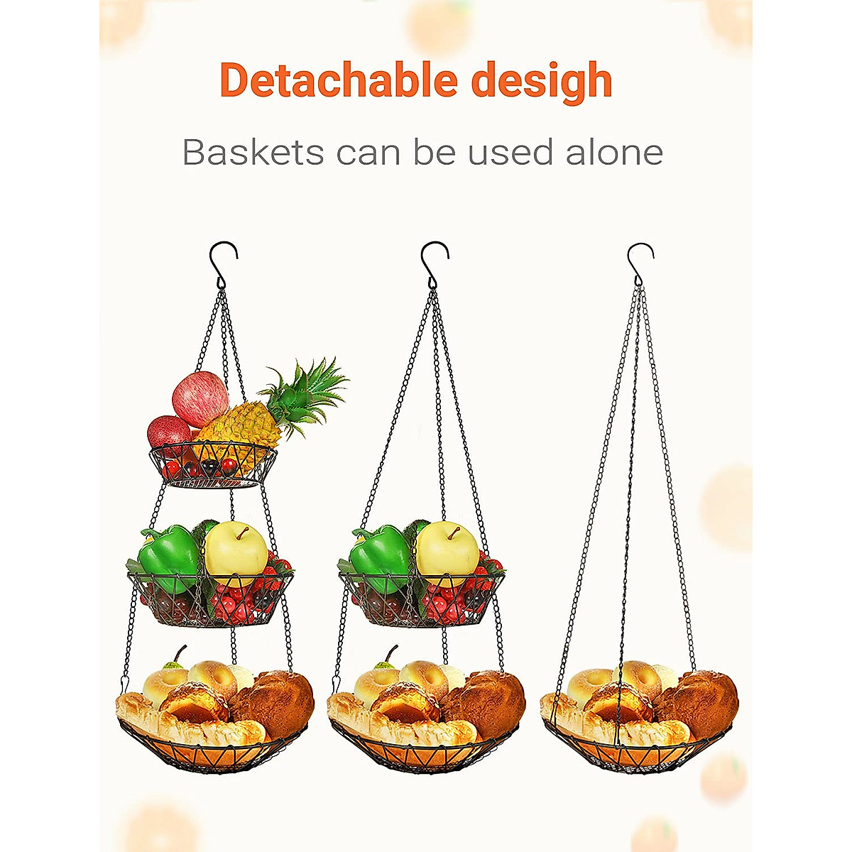 WILLIZTER 3 Tier Hanging Basket with Sturdy Metal Chain Hanging Hooks Fruit and Vegetable Basket Heavy Duty Wire Organizer Space Saving Rustic Country Style Kitchen Storage