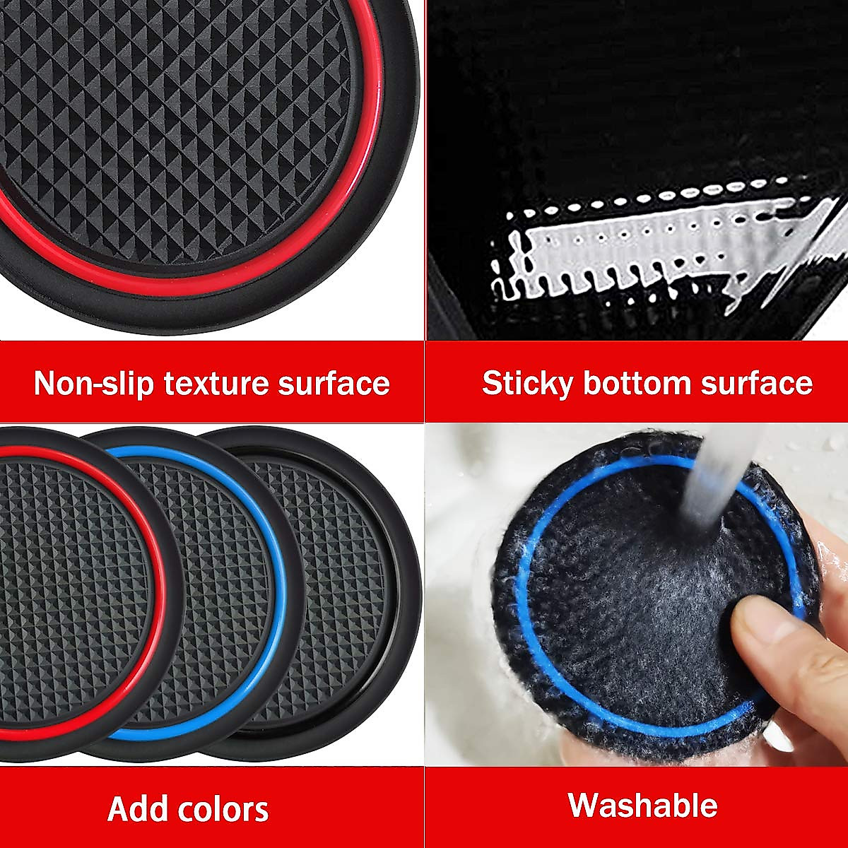 Auovo 2 Pcs Cup Holder Inserts Replacement for Frontier 2005-2019 Xterra 05-15 Pathfinder 05-12 Replace 96975-EA000 96975-ZS00A(with 3 Pairs of TPE Coasters in red Blue All Black)