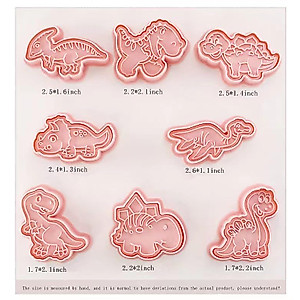 8 Pieces Dinosaur Cookie Cutters Set, Cute Cartoon Cookie Cutters for Kids, Plastic Stamped Embossed Dino Biscuit Molds Set, Kitchen BakingTools for Baby Shower, Birthday, Halloween, Christmas, Pink