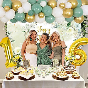 Sage Green Sweet 16 Birthday Decorations - Sage Green and Gold Balloon Garland Arch Kit with Happy 16th Birthday Backdrop, Cake Topper, Foil Balloon, Sweet 16 Birthday Decorations for Girls