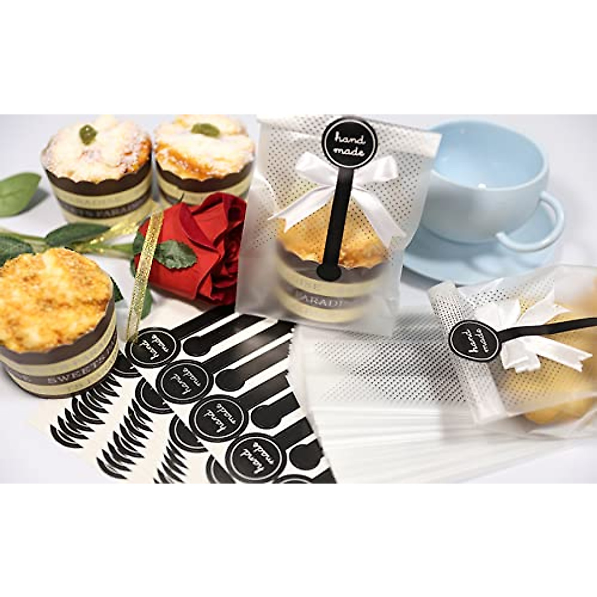 SAILING-GO 100 pcs./Pack Translucent Plastic Bags for Cookie,Cake,Chocolate,Candy,Snack Wrapping Good for Bakery Party with Stickers