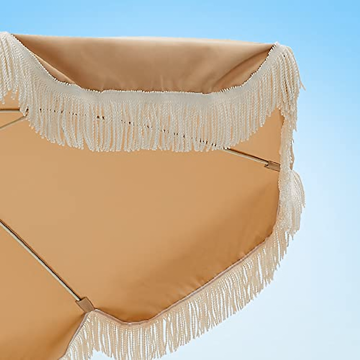 Kbrellaoutlets 7ft Patio Umbrella, UV 50+ Protection, Beach Umbrellas for Sand with Fringe, Wood Grain Aluminum Pole, 8 Ribs, Push Button Tilt, Garden Pool, Brown