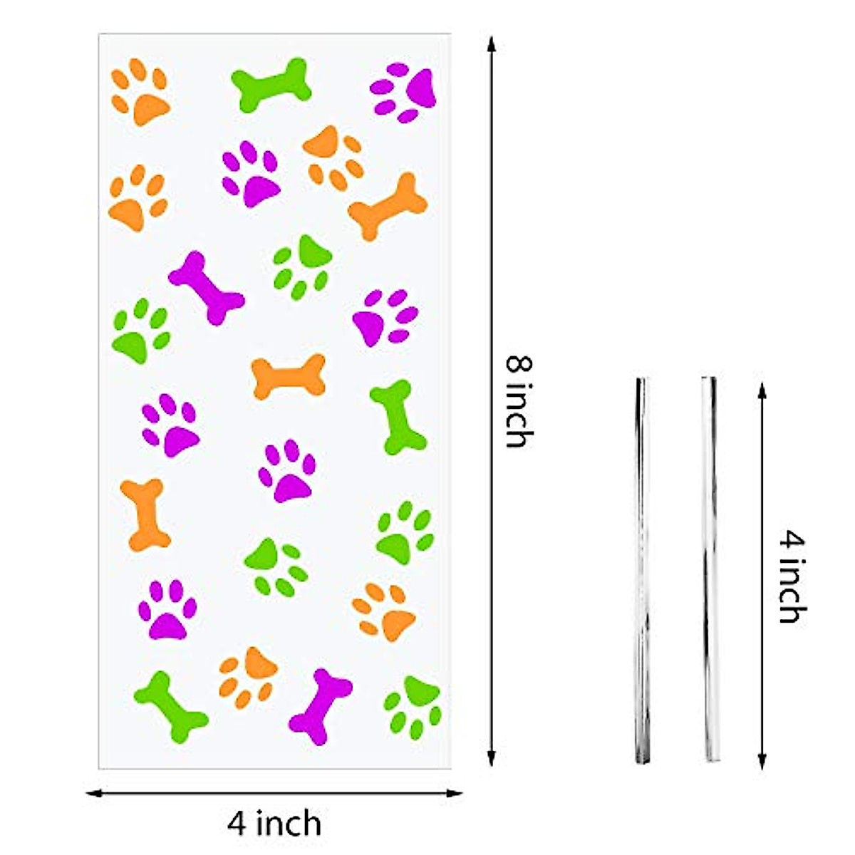 Maitys 100 Pieces Paw Bone Print Treat Bags Cellophane Clear Food Bags with 200 Pieces Twist Ties for Candies Chocolate Cookies Dessert Snacks (Colorful)