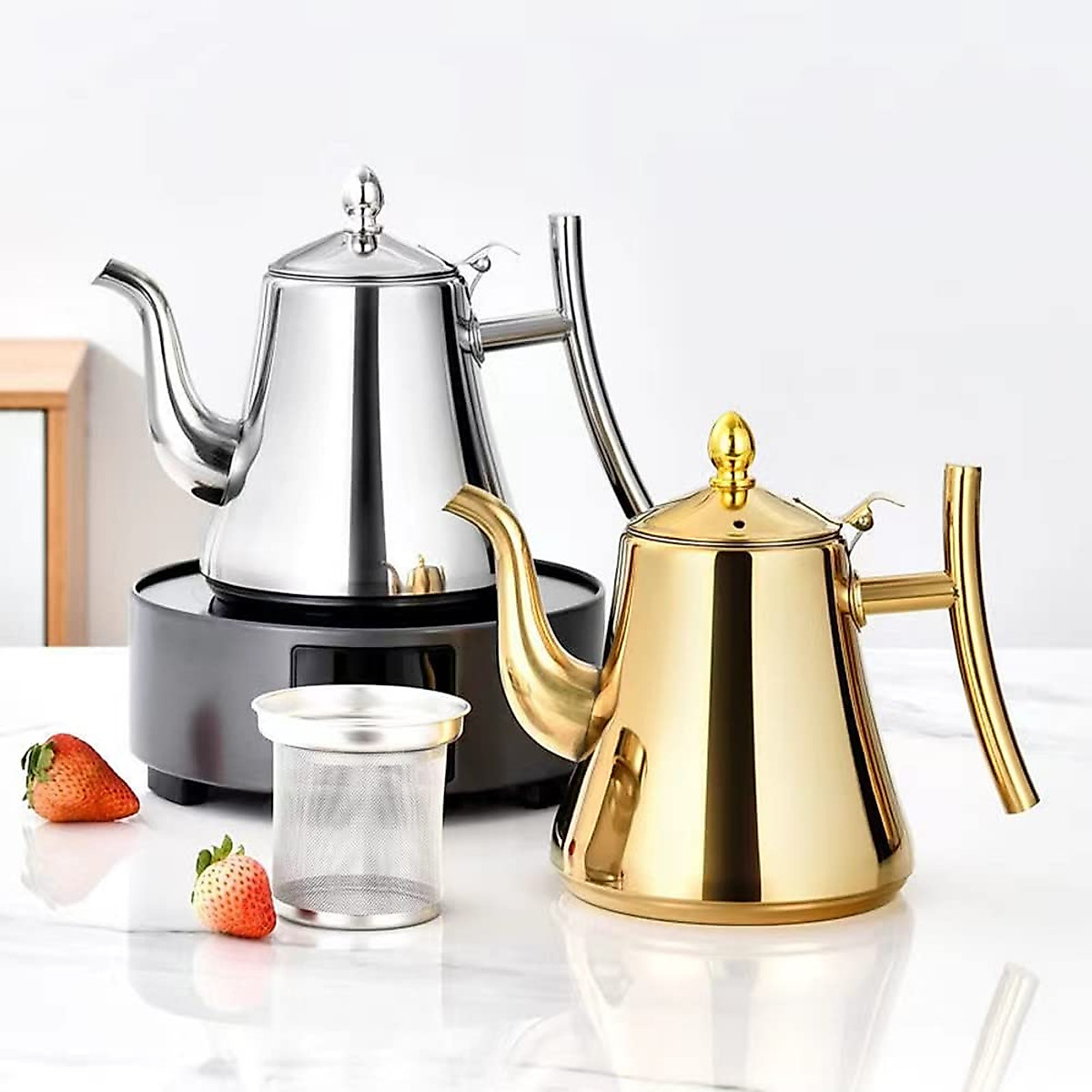 50oz/ 1500ml Stainless Steel Teapot, JYJFGSFA Metal Tea Kettle with Removable Infuser, Oil Can with Filter Coffee Server Table Serving Pot for Home, Restaurant, Outdoor, Dishwasher Safe(Silver)