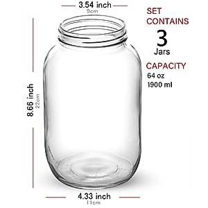 3 Pack Mason Jars 64 oz Wide Mouth with Lid and Band, Half Gallon, Airtight Lids , Clear, Glass (Set of 3)
