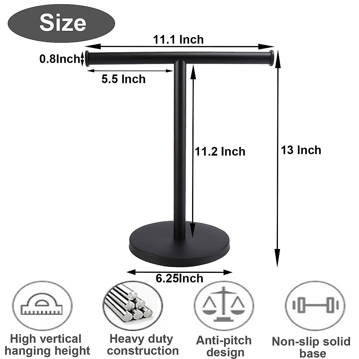 TocTen Hand Towel Holder Stand, T-Shape Hand Towel Rack for Bathroom Vanity Countertop, SUS 304 Stainless Steel Bath Towel Bar Stand with Heavy Duty Base (Matte Black)