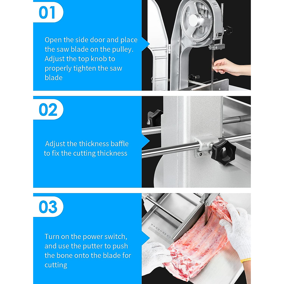 1500W Electric Bone Saw Machine, 0.8-5.9 Inch Cutting Thickness,2.6HP Frozen Meat Cutter 110V Commercial Bandsaw Machine, 20x15in Table Sawing for Chicken Fish Trotter Beef, Equipped with 6 Saw Blades