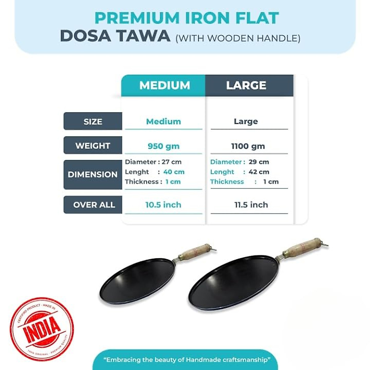 KASHVIYA Pre-Seasoned Iron Flat Dosa/Omelette/Roti/Chapati Tawa with Wooden Handle, Medium 10.5 Inch/27 Cm Gas&Induction Compatible | 100% Pure & Toxin-Free Iron, No Chemical Coating