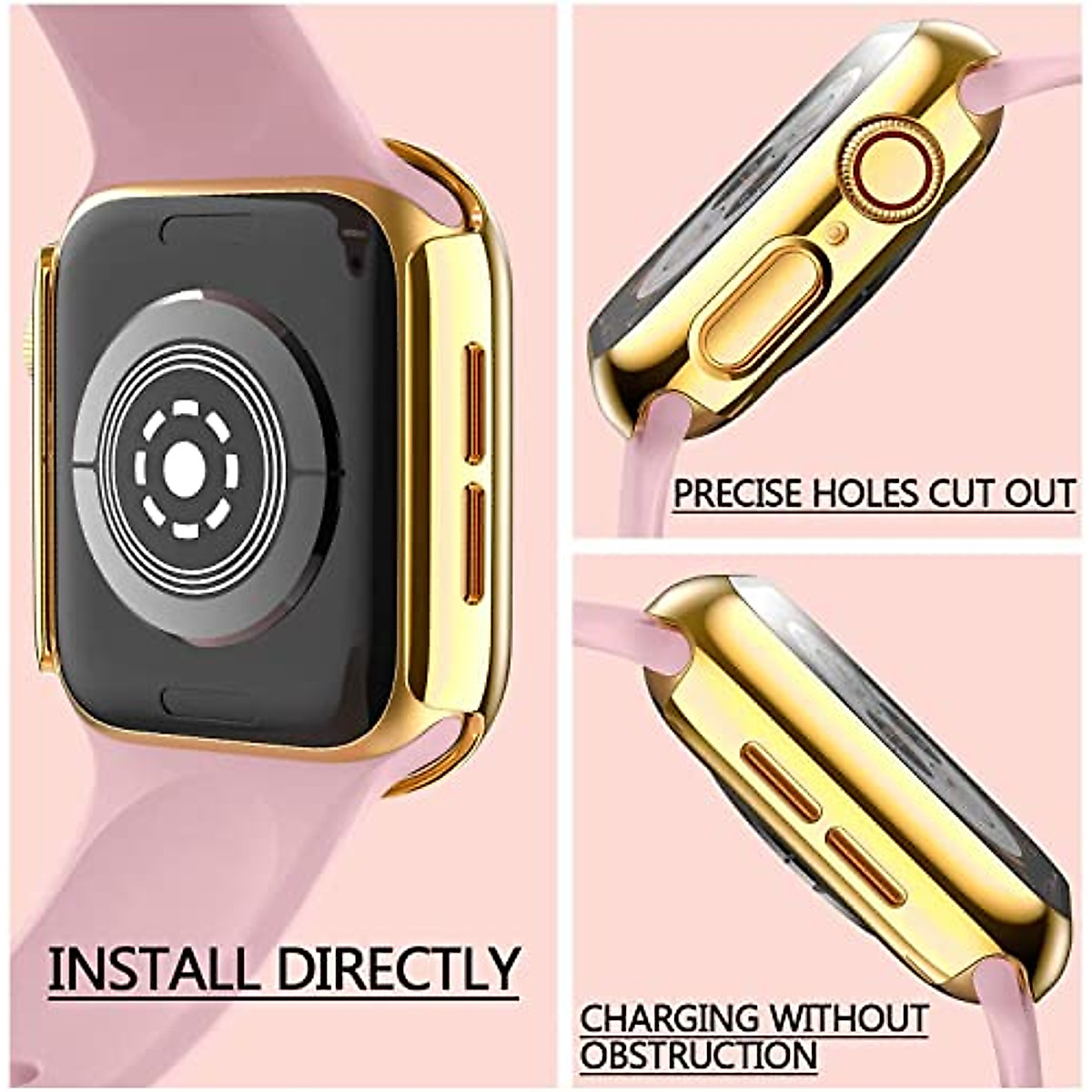 HANKN 2 Pack 45mm Tempered Glass Case Compatible with Apple Watch Series 9 8 7 45mm Tempered Glass Screen Protector Case, Plated Hard PC Cover Shockproof Iwatch Bumper (45mm, Gold+Gold)