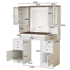 Vanity Desk with Mirror and Lights,White Makeup Vanity Table with Power Strip & LED Lighted Mirror,43in Large Makeup Desk with 5 Drawers,4 Cabinets and Lots Storage,3 Lighting Modes,White+Brown