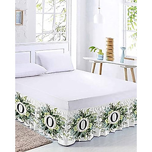 Monogrammed Bed Skirt Cal King Size 16 Inch Drop, Adjustable & Elastic Wrap Around Bed Skirts Pleated Luxury Dust Ruffles for Twin Full Queen Cal King Base Bed, Green Eucalyptus Black Letter O