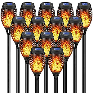 New Huing 14 Pack Solar Torches with Flickering Flames, 12LED Tiki Torch Solar Lights Waterproof Outdoor Mini Solar Torch Lights for Garden, Patio, Yard, Pathway and Christmas Decoration