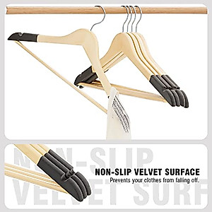 Solid Natural Wooden Coat Hangers, 20 Pack Heavy Duty Smooth Finish Suit Hangers with Non-Slip Pant Bar, Precisely Cut Notches & Chrome Swivel Hook for Closet, Wardrobe