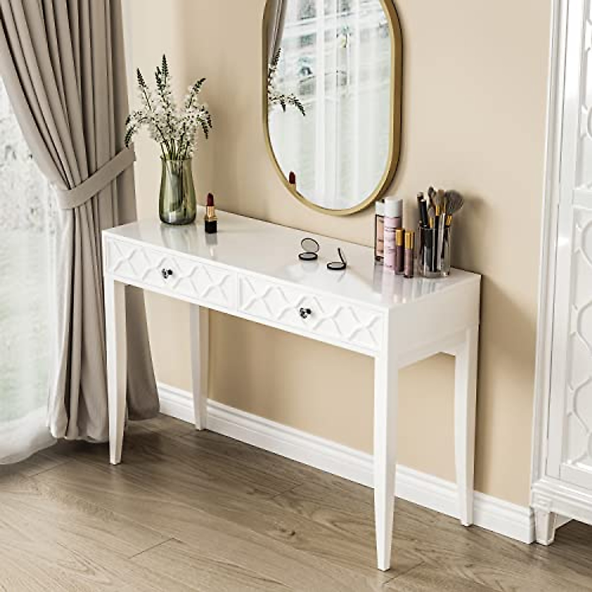 White Vanity Desk with Drawers, Wood Home Office Desk Modern Simple Makeup Vanity Table, 43 Inch Entryway Console Table
