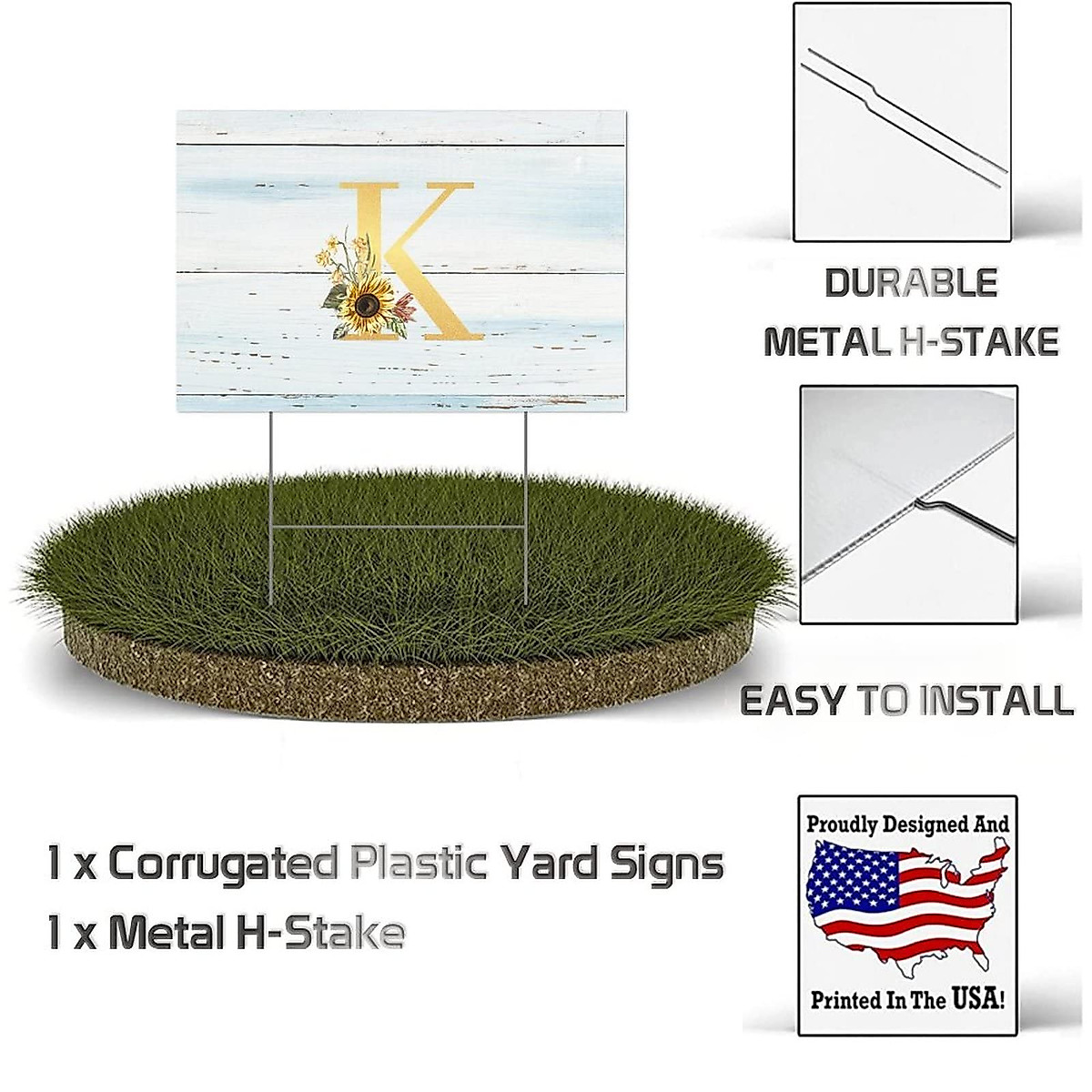 Floral Monogram Letter Golden Letter K Sunflower Lawn Yard Signs Alphabet Letter Corrugated Plastic Sign for Garage Sales Rent Open House Construction 12"x18"