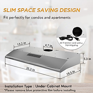 FIREGAS Under Cabinet Range Hood 36 inch with Ducted/Ductless Convertible, Slim Kitchen Stove Vent Hood, LED Light, 3 Speed Exhaust Fan, Reusable Aluminum Filter, Push Button,Charcoal Filter