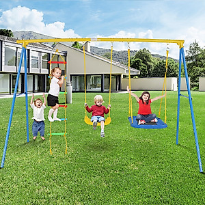Plohee 3 in 1 Swing Sets for Backyard - 550lbs Heavy Duty Metal Kids Swing Set with Platform Swing Seat, Belt Swing Seat and Climbing Ladder for Playground