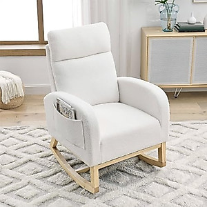 JEEOHEY Rocking Chair Nursery,Teddy Fabric Upholstered Baby Glider Rocker Chair,Comfy Accent Arm Chair with Side Pockets&Solid Wood Legs,Modern Nursing Single Sofa Chair for Living Room,Bedroom(White)