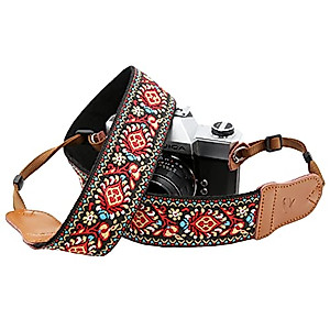 Red Vintage Embroidered Camera Strap - 2"Wide Pure Cotton Woven Camera Strap,Double Layer Cowhide Ends,Adjustable Shoulder & Neck Strap for All DSLR Cameras,Great Gift for Men & Women Photographers