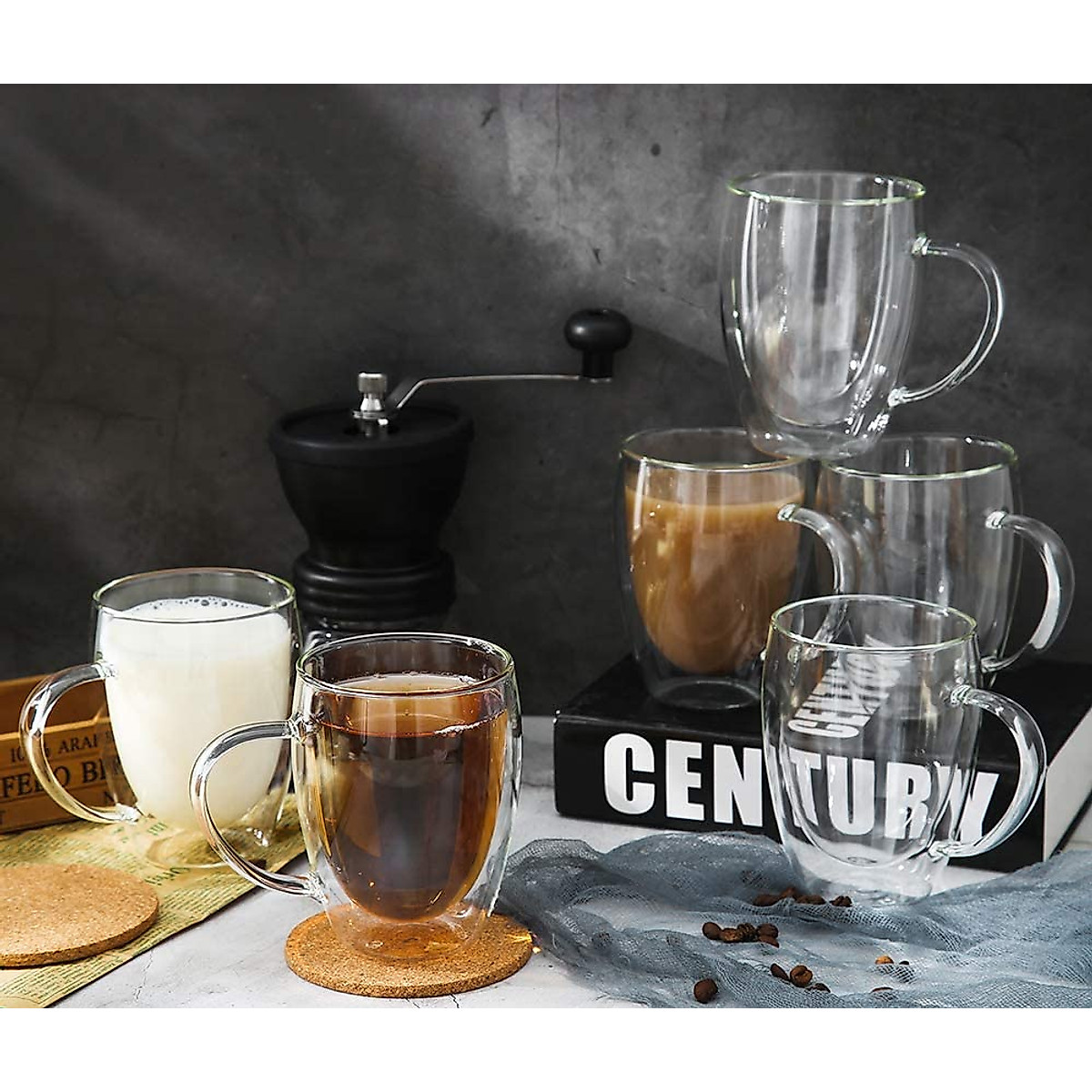 D.M DESIGN·MASTER [2 PACK,12 OZ -Premium Double Wall Insulated Glass with Handle Coffee or Tea Glass Mugs, Thermo Insulated Glass, Perfect for Latte, Cappuccino, Americano and Tea