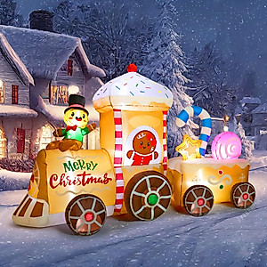 8ft Christmas Inflatable Train Decoration with LED Lights, Candy Canes, Gingerbread Men - For Outdoor