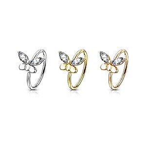 Pierced Owl 20GA CZ Crystal Butterfly Bendable Annealed Nose Cartilage Ring (Silver Tone)