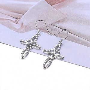Sllaiss Sterling Silver Celtic Knot Cross Dangle Earrings White Gold Plated Good Luck Vintage Cross Drop Earrings Irish Jewelry (Silver)