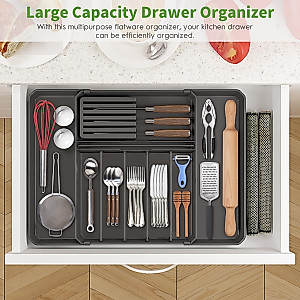Silverware Drawer Organizer, Expandable Kitchen Utensil Organizer, Larger Capacity Flatware and Cutlery Tray, Multi-Purpose Drawer Storage for Kitchen, Dressing Table, Office, Bathroom, (Black)