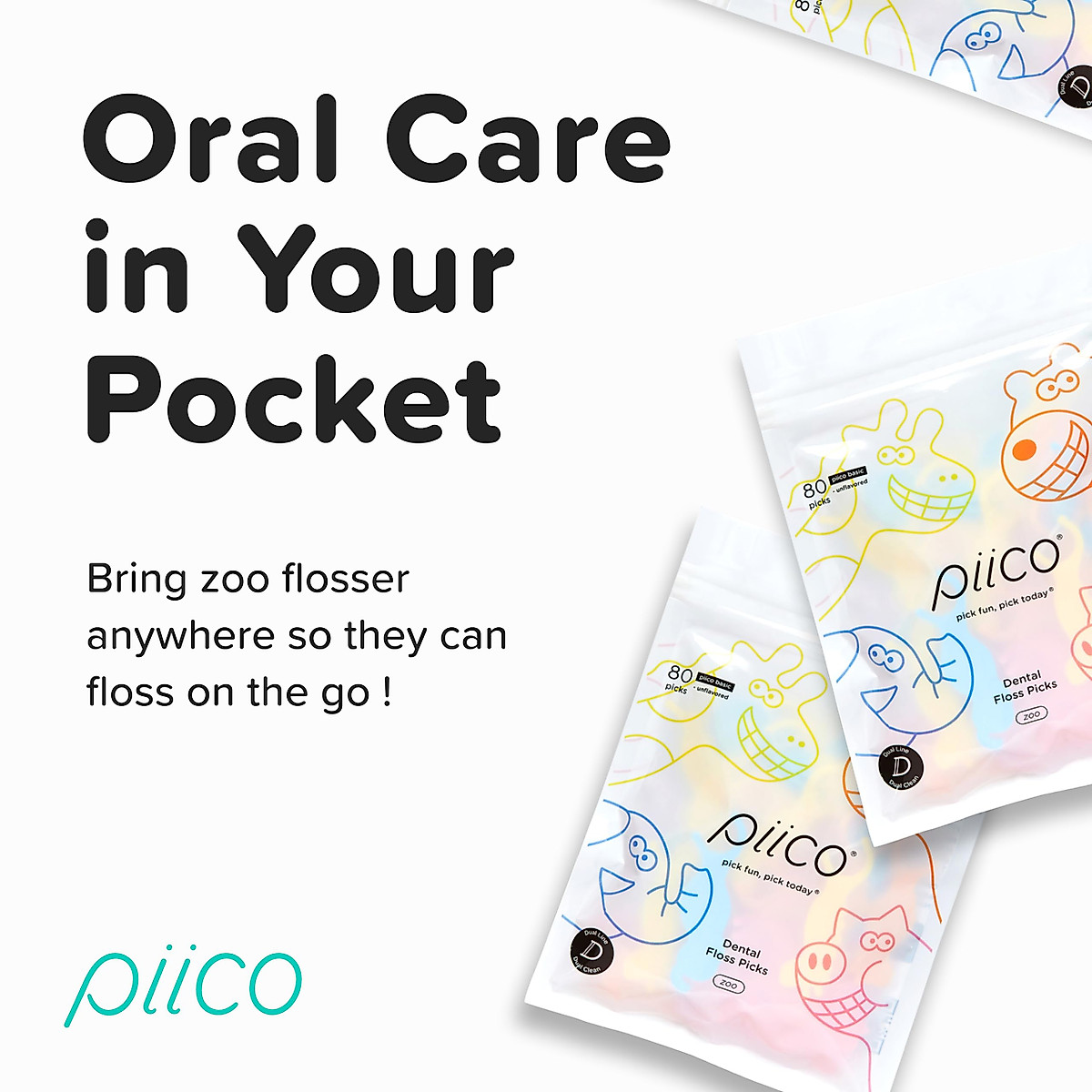 Piico Unflavored Kids Floss - No Fluoride Dual Line Dental Floss Picks - Fun Oral Care in Colorful Floss Sticks Design - Kids Flossers Prevent Tooth Decay & Gum Disease - 240 Count Zoo & Travel Case