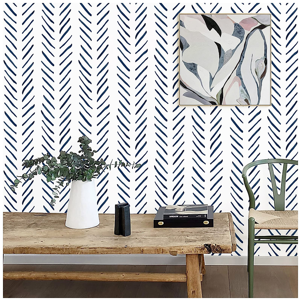 HAOKHOME Boho Peel and Stick Wallpaper Stripe Removable Navy/White Chevron Vinyl Contact Paper Mural for Home Decor 17.7in x 9.8ft