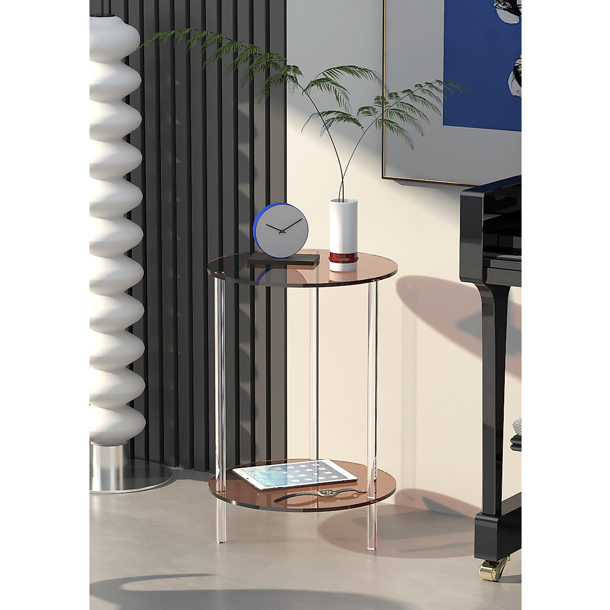 Smitten.Life Acrylic Round Side Table for Small Spaces, 15.7" L x 15.7" W x 22.3" H, Small Nightstand/Bedside/End Table for Living Room, Bedroom, 2-Tier, Dark Yellow