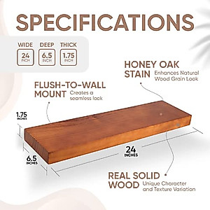 Homeforia Rustic Farmhouse Floating Shelves - Bathroom Wooden Shelves for Wall Mounted - Thick Industrial Kitchen Wood Shelf - 24 x 6.5 x 1.75 inch - Set of 2 - Honey Oak Color