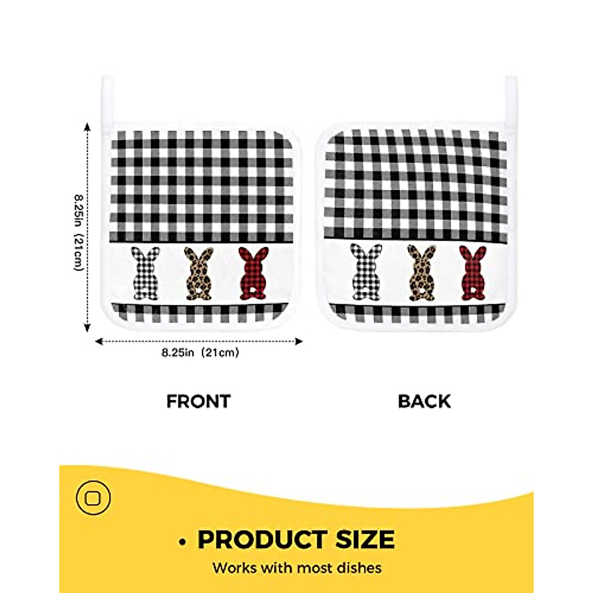 Pot Holder Set of 2 Happy Easter Bunny Black White Buffalo Grid Potholder Heat Proof Non-Slip Pot Holders,Leopard Rabbit Red Check Hot Pads Potholders for Kitchen Cooking Baking BBQ
