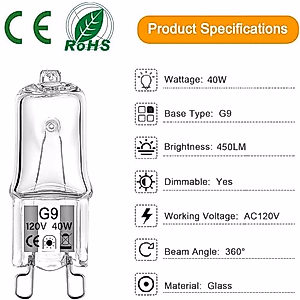 G9 Halogen Bulb 40 Watt 120 Volt Dimmable T4 JCD Type Bi-Pin Base for Chandeliers, Pendants, Cabinet Lights, Landscape Lights Replacement, Warm White (10 Pack)