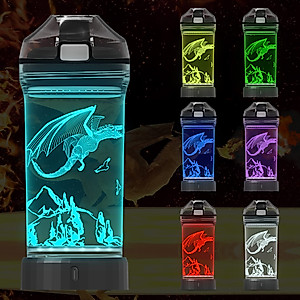 Attivolife Dragon Watter Bottle, 3D Illusion Glowing LED Light with 7 Color Changing Lights - 14 0z BPA Free - Creative Ideal Travel Cup Dinosaur Gift for School Boy Kid Child Holiday Camping Picnic