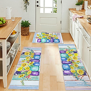 Ileading Kitchen Mat Set of 3, Sunflower Blooming in A Colorful Vase Decorative 3 Piece Runner Rugs, Non Skid Machine Washable Standing Floor Mat for Laundry Sink Laundry Hallway Doormat(Blue)
