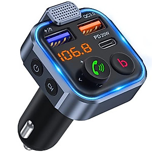 LENCENT FM Transmitter in-Car Adapter,Type-C PD 20W+ QC3.0 Fast USB Charger, Wireless Bluetooth 5.0 Radio Car Kit,Hands Free Calling, Mp3 Player Receiver Hi Fi Bass Support U Disk