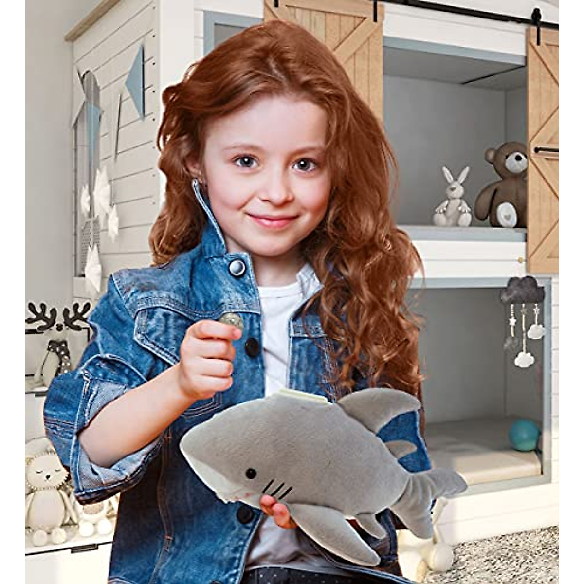 DolliBu Gray Shark Plush Huggie Bank - Super Soft Stuffed Animal Money Bank Savings Storage for Little Kids, Cute & Fluffy Fun Coin Bank Toy, Wildlife Plush Piggy Bank for Girls & Boys - 9 Inch