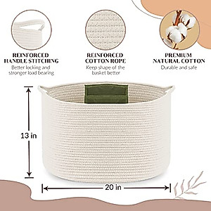Maliton Extra Large Blanket Basket, Woven Cotton Rope Basket for Toys Towels, Pillow Basket with Handles, Nursery Laundry Basket with Storage Pockets, 20" x 13" Large Rope Baskets for Storage - White
