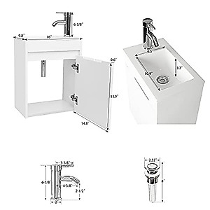 eclife 16" Bathroom Vanity Sink Combo for Small Space, Modern Pianted Wall Mounted Cabinet Set w/White Resin Basin Sink Top, Chrome Faucet & Pop Up U Shape Drain (B10W)